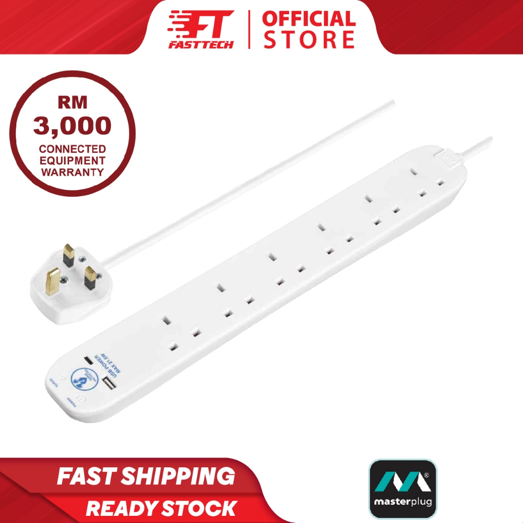 MASTERPLUG SRGUAC2262NB Surge Extension with 6 Socket, USB A, Type-C ...