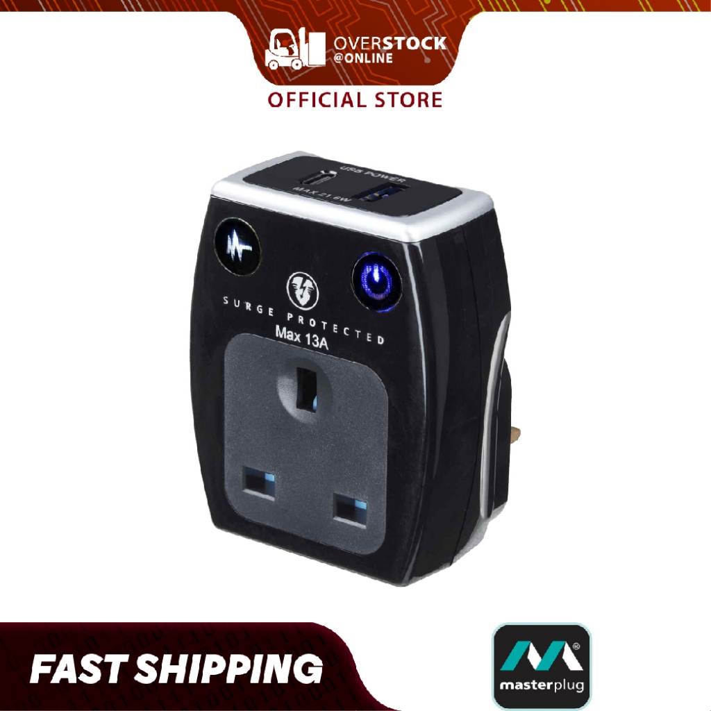 MASTERPLUG SRGAUAC22PB Surge Adapter with 1 Socket, USB A, Type-C Port ...