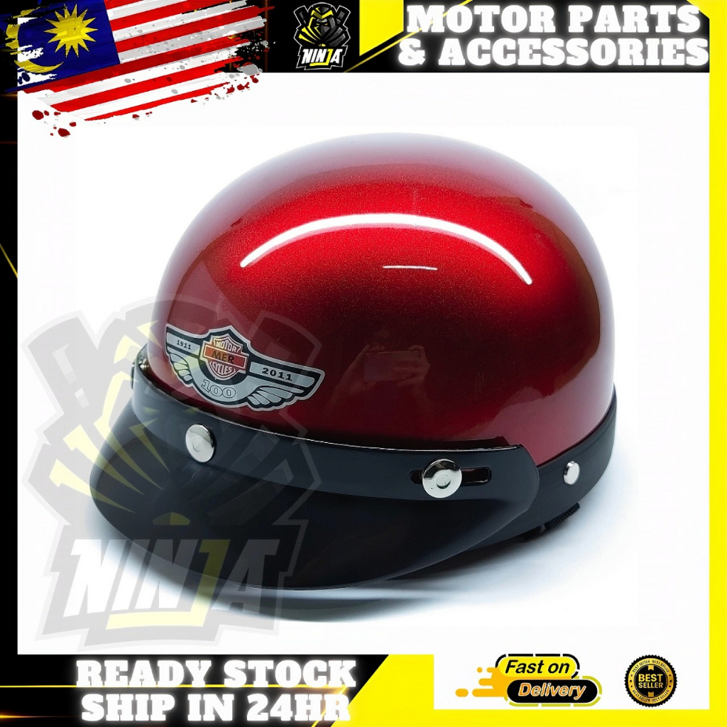 [MER] MOTORCYCLE HALF CUT HELMET COLOUR (CANDY RED) WITH VISOR CAP TOPI ...