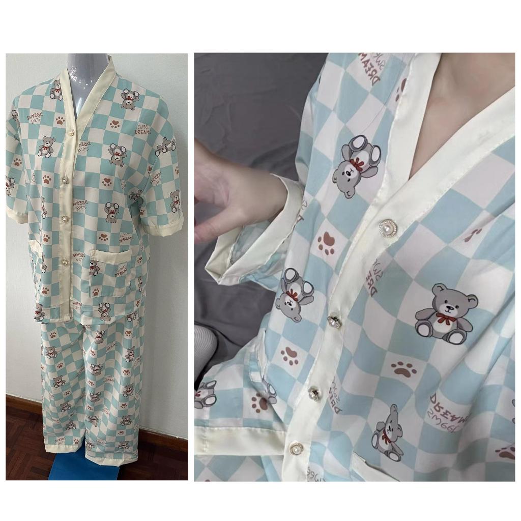 2 in 1 Set Korean Design Pyjamas Women Long Sleeve Silk Sleepwear ...