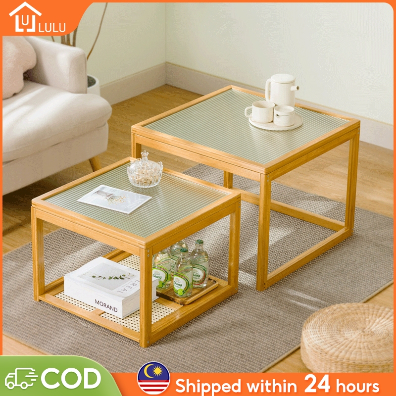 LULU Coffee Table Bamboo Side Table 1/2 Layers Glass Center Table Meja ...