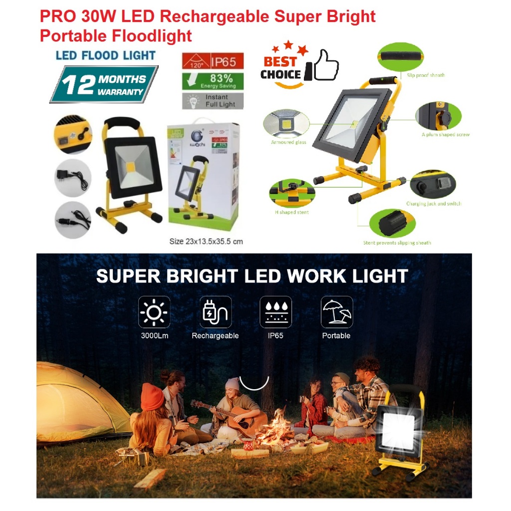 PRO 20W / 30W IP65 Portable LED Rechargeable FloodLight with Stand ...