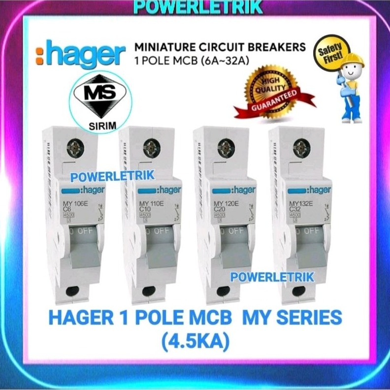 💯 ORIGINAL HAGER MY SERIES 4.5KA C CURVE 1 POLE MCB 6A 10A 16A 20A 32A WITH SIRIM APPROVED ...