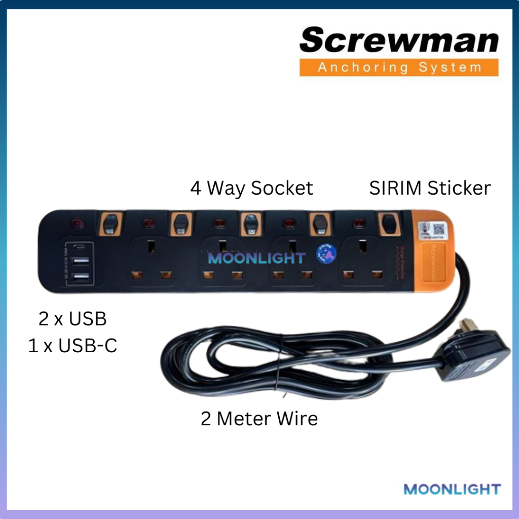 Screwman USB Trailing Socket Extension Plug USB Type-C 4 Gang 2 Meter ...