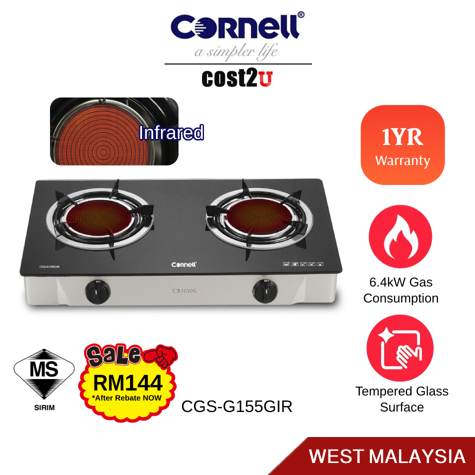 Cornell InfraRed Tempered Glass Top 2 Burner Gas Stove | CGS-G155GIR ...