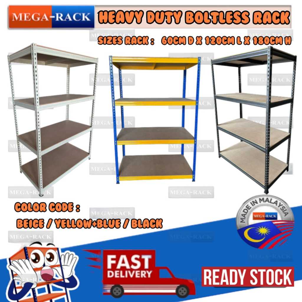 HEAVY DUTY BOLTLESS RACK - 60cm D x 120cm L x 180cm H x 4 Levels x ...