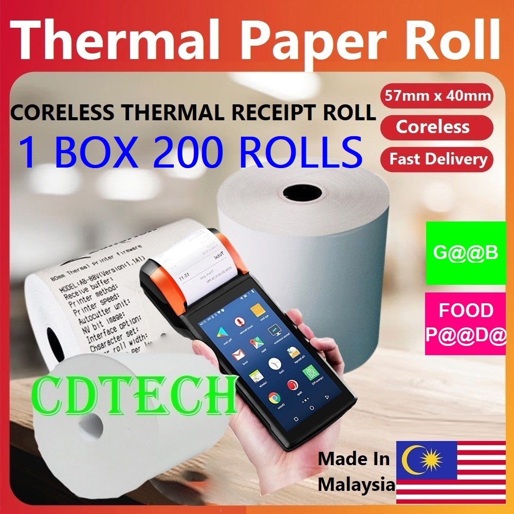 (100 / 200 ROLL )Thermal Paper Roll 57mm x 40mm CORELESS Kertas Receipt ...