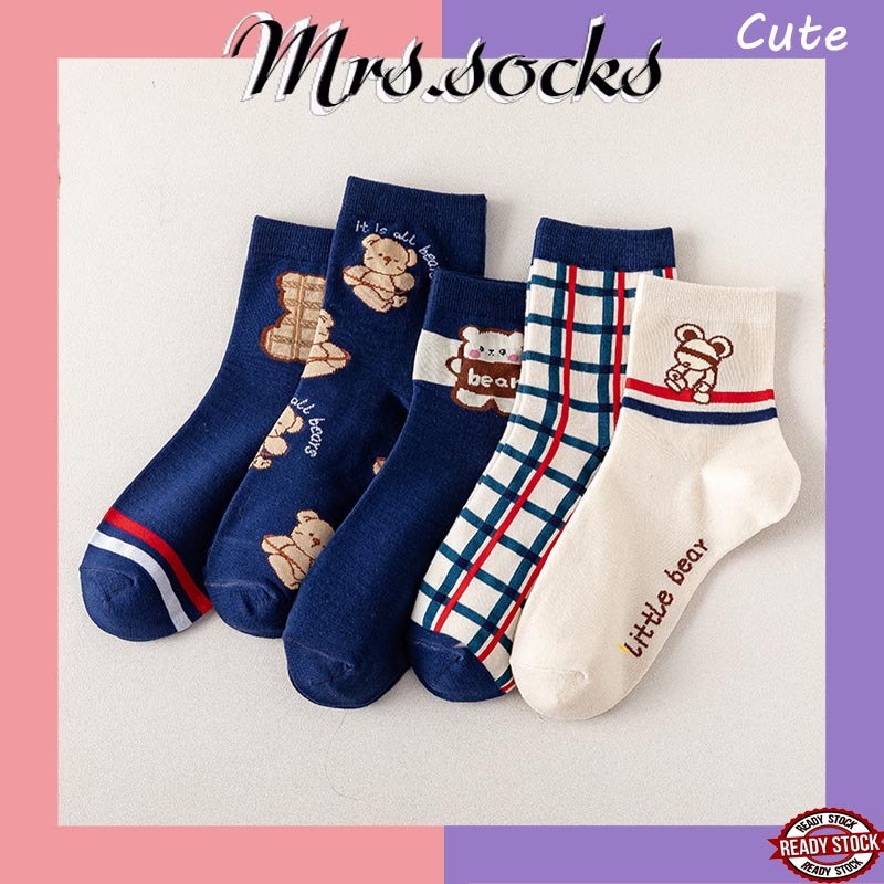 Mrs.socks Blue Pattern Cute Bear Sock Ins Crew Socks Women Stokin ...