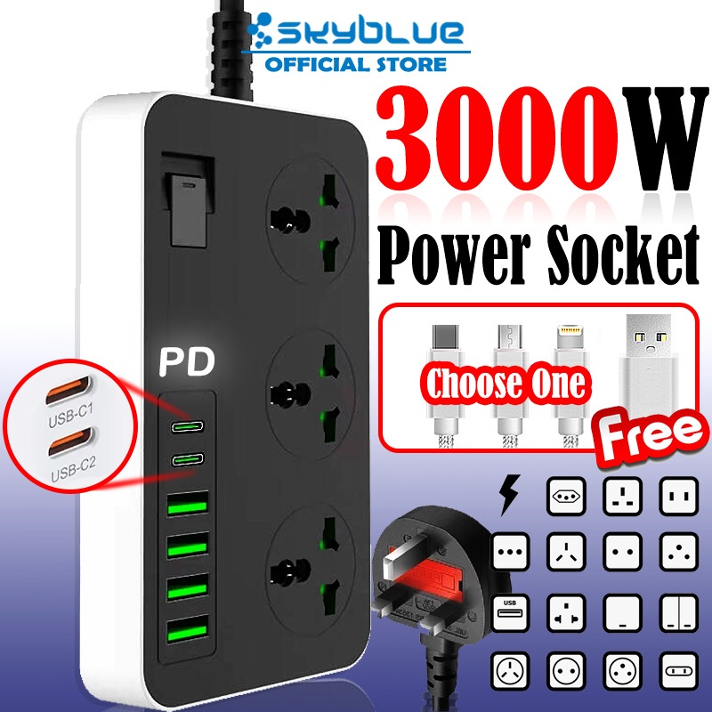 Skyblue Power Socket USB Charging Port Extension With Type C Fast ...