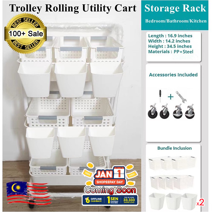 Ready Stock Full Set 4 tier Trolley Rack Quality Baby Storage Rack ...