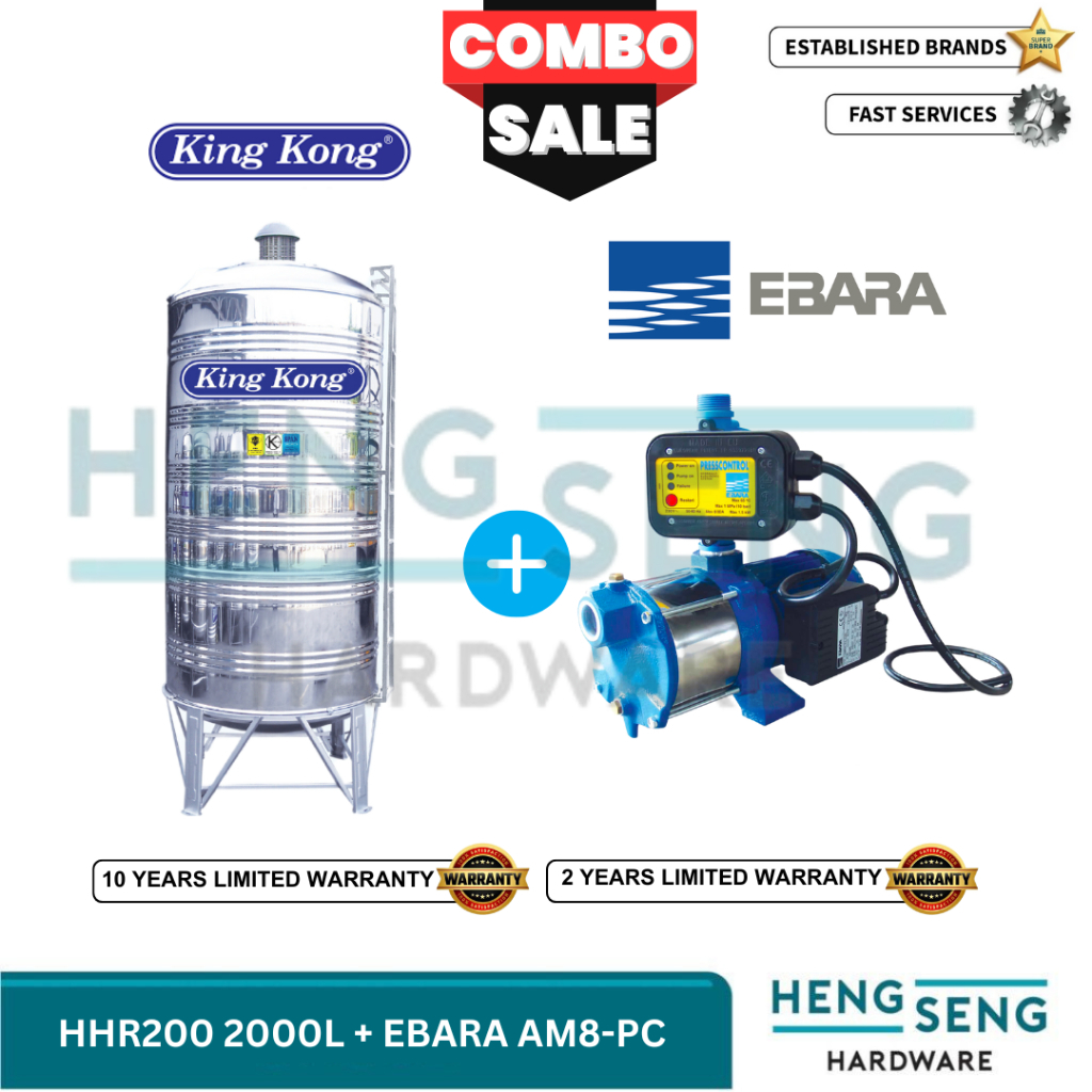 KINGKONG HHR 200 2000L 450G SS304 WATER TANK (41D x 130H) + EBARA AM-PC AUTOMATIC BOOSTER PUMP ...