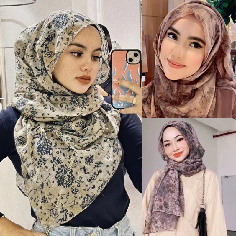 Ironless shawl wide tudung corak bunga besar printed floral visose hijab labuh voile de.aila ...