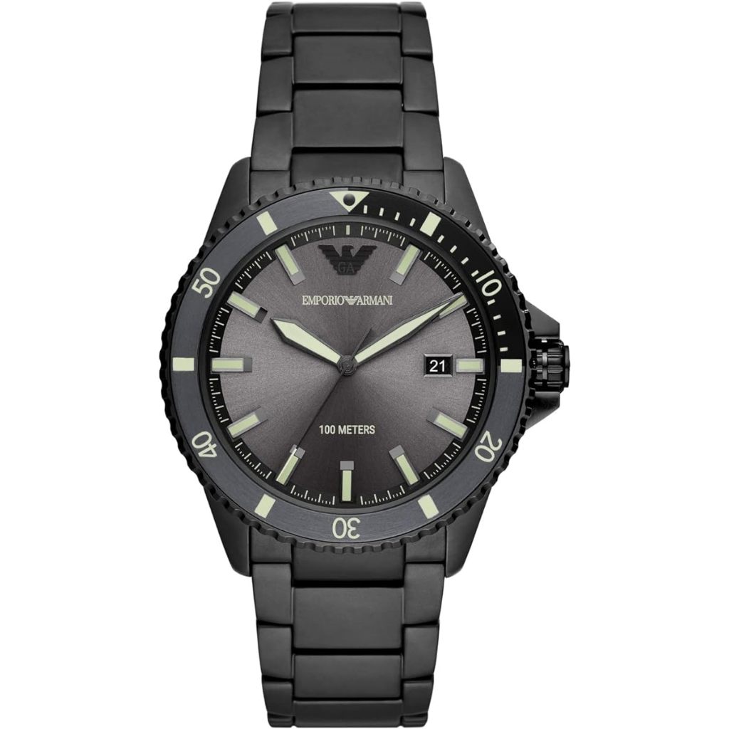 AR11398 Men's Three-Hand Date Lume Stick Indexes Black Stainless Steel ...