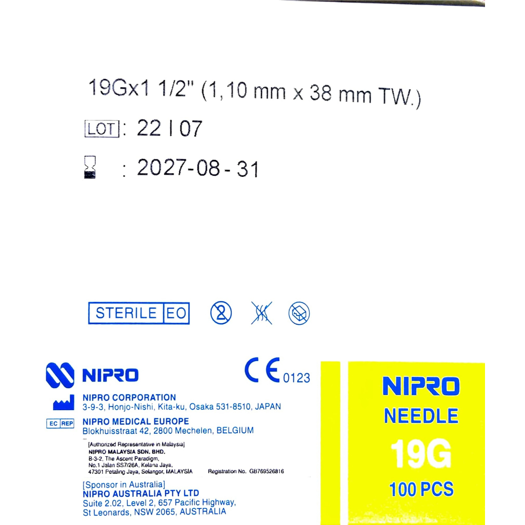 Nipro needle 19g x 1 1/2 inch (38MM) - 100'S 10boxes +FREE 1 BOX - EXPIRY 2029 READY STOCK ...