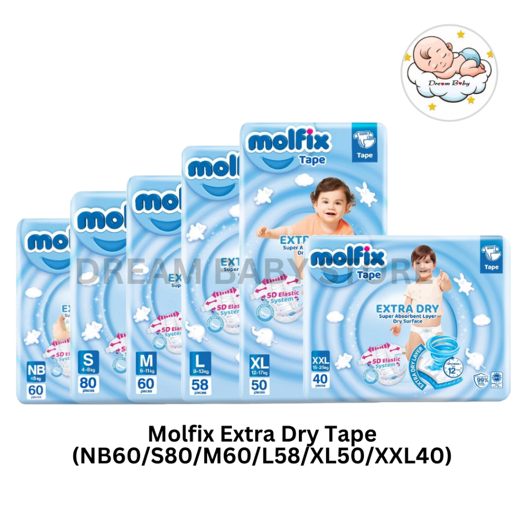 Molfix Extra Dry Tape Diaper - NB60/S80/M60/L58/XL50/XXL44 (1 Pack ) | Shopee Malaysia