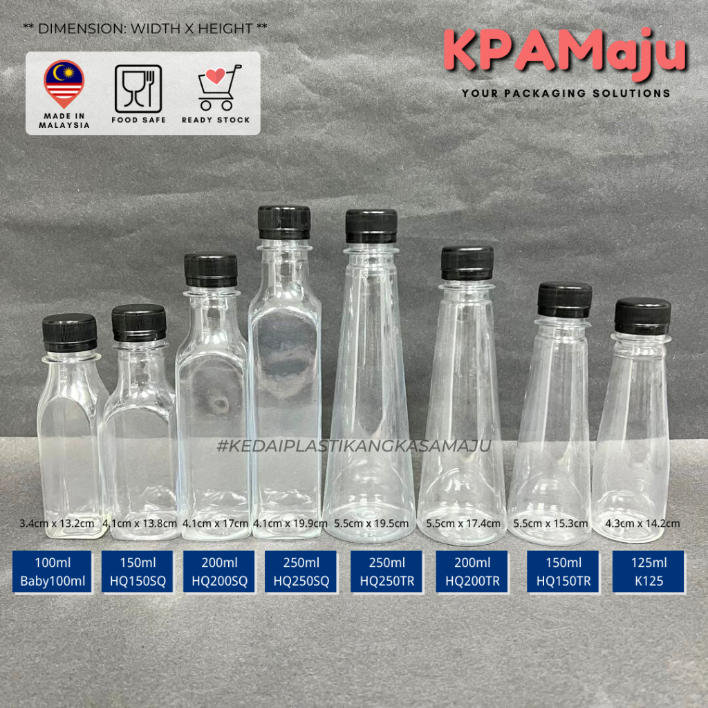 Botol Plastik Petak/Segi Tiga + Black Cap (100ml, 125ml, 150ml, 200ml ...