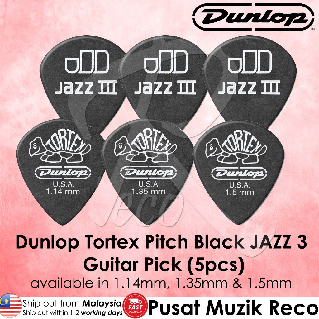 Dunlop Pitch Black Jazz 3 Jazz III Guitar Pick 1.14mm 1.35mm 1.5mm ...