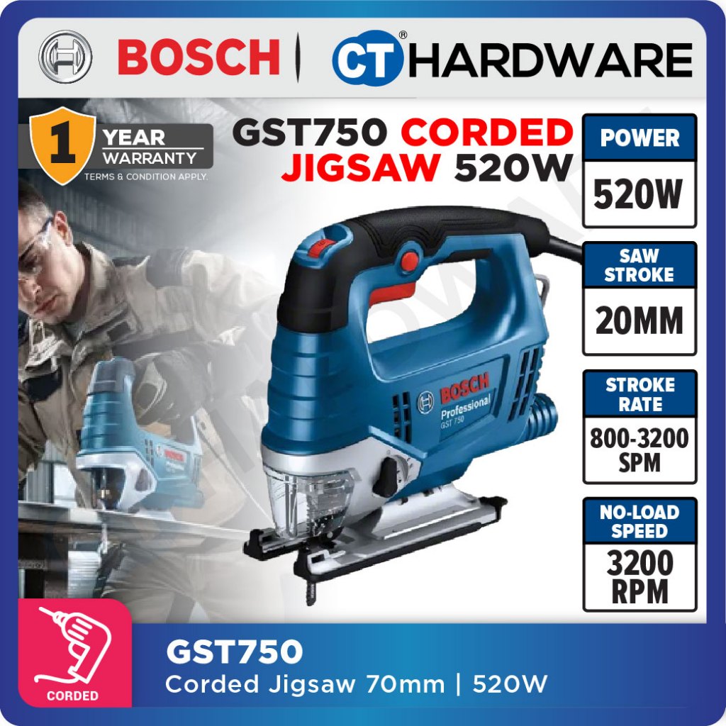 BOSCH GST 750 Professional Corded Jigsaw 520W | 70 mm | 1,450-3,200RPM ...