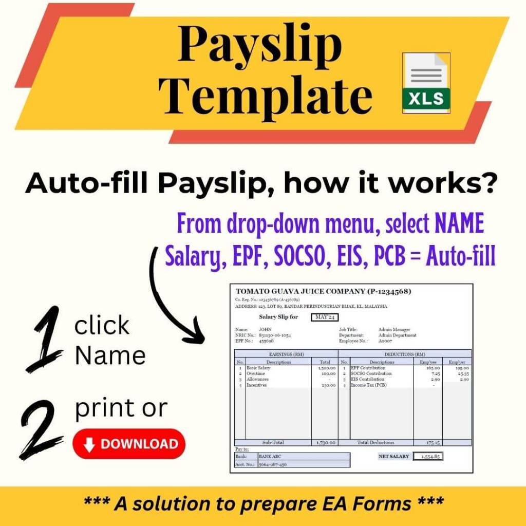 Payslip Template, Auto-fill EPF, SOCSO, Excel, Payroll template, Salary ...