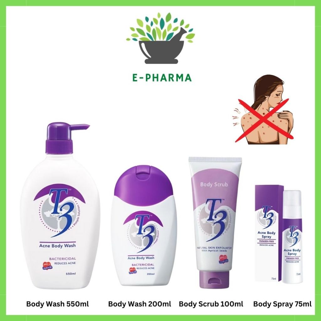 T3 Acne Body wash 550ml, 200ml , Body Scrub 200g, Body spray 75ml ...