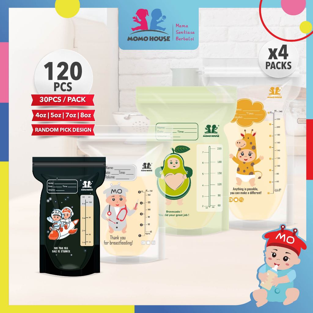 (Random Pick 4 packs-120pcs) MOMO HOUSE Milk Storage Bag Double Lock Breastmilk Storage Bag ...
