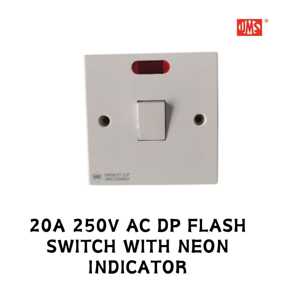 UMS 20A 250V AC DP Flush Switch With Neon Indicator Water Heater Switch ...