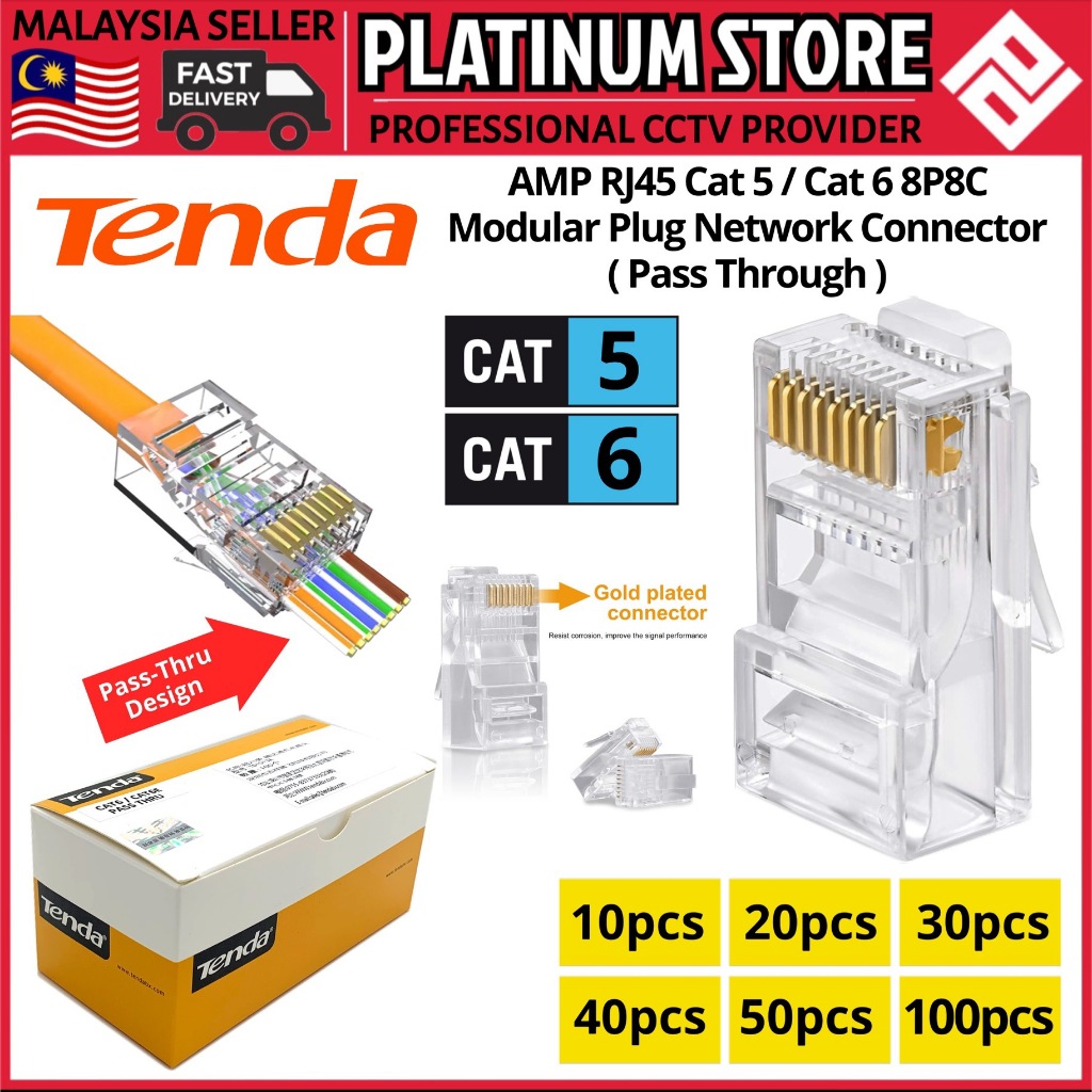 Pass Through 】RJ45 Modular Plug Tenda CAT5 CAT5E CAT6 CAT6E Network Connector LAN Crystal Head ...