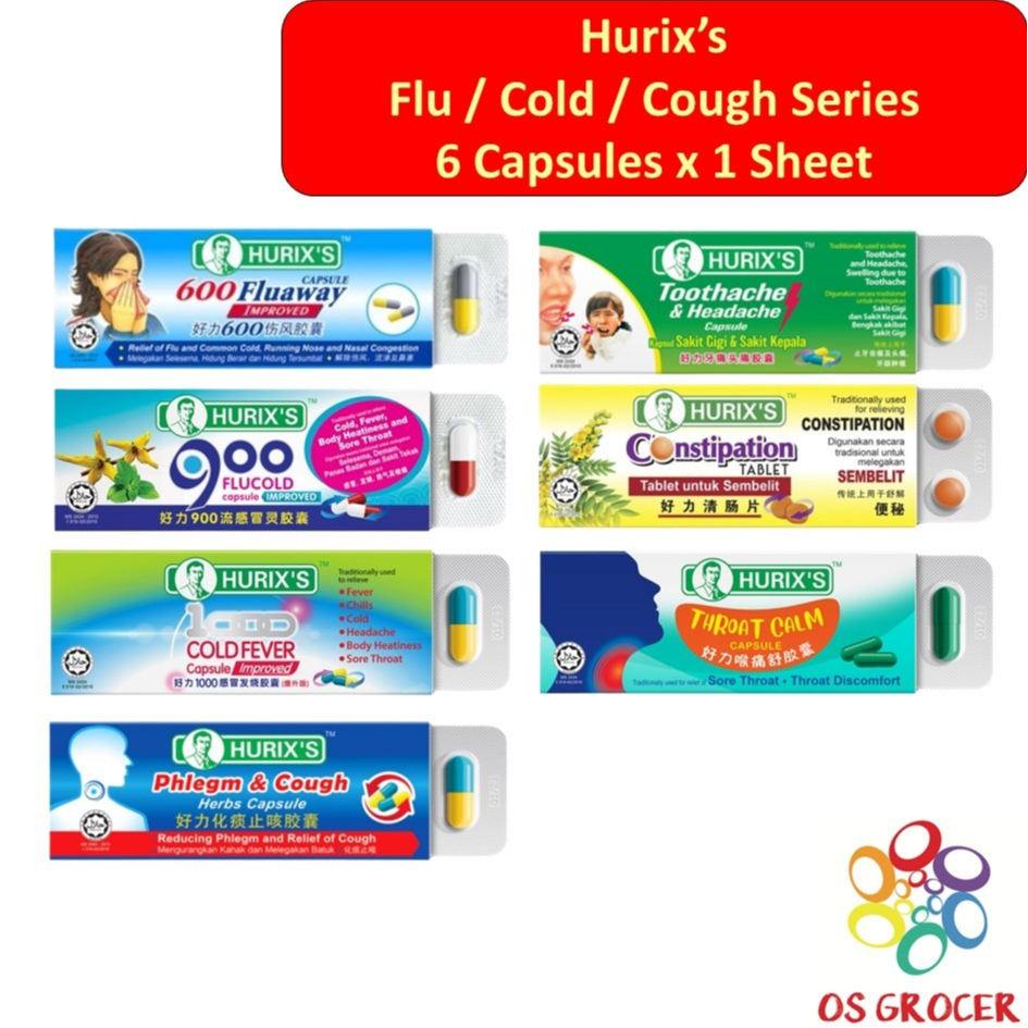 💥 Hurix's 600 / 900 / 1000 / Toothache / Phlegm / Throat Capsules 6's ...
