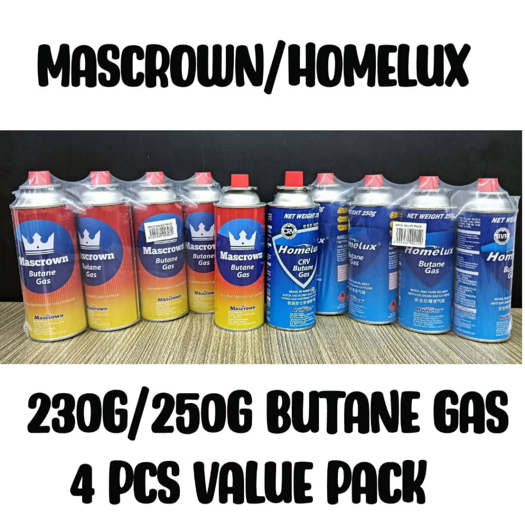 [HOMELUX / MASCROWN] 4 Bottle Butane Gas Cartridge / Gas Tin | Shopee ...