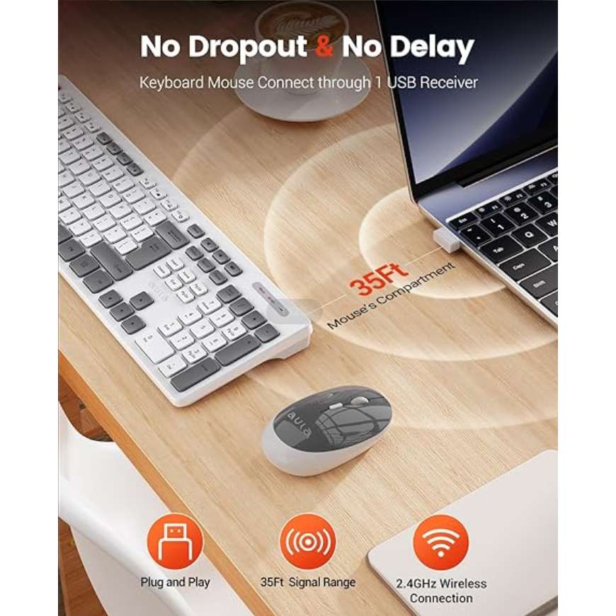 AULA AC308 Wireless Keyboard Mouse Set/ 2.4G Silent Full Size 108 Key ...