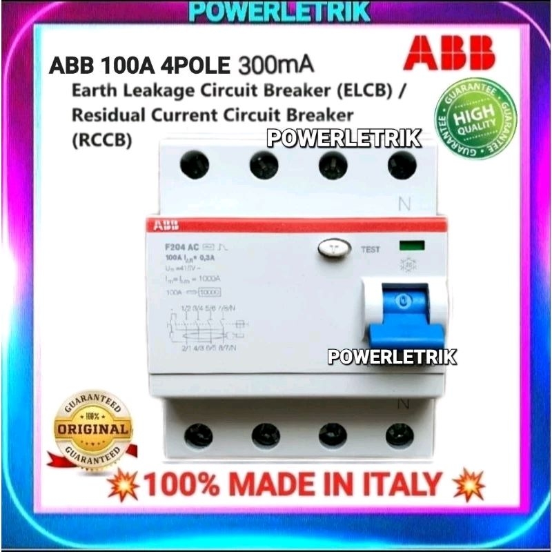 ABB FH204-AC 100A 300mA(0.3) 4 POLE ELCB / RCCB (RESIDUAL CURRENT CIRCUIT BREAKER) /ABB 100/0.3 ...