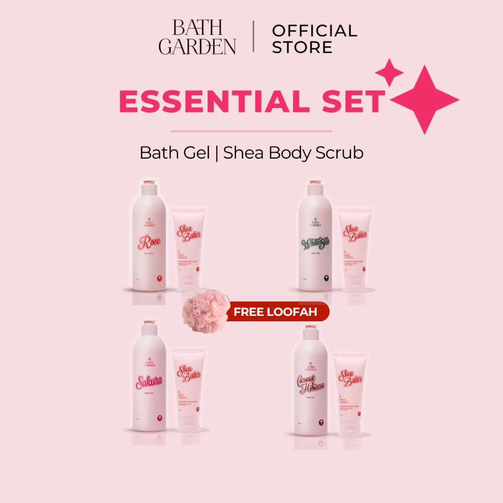 Bath Garden Essential Set Rose Sakura White Tea Coconut Hibiscus Bath Shower Gel Body Wash Shea ...