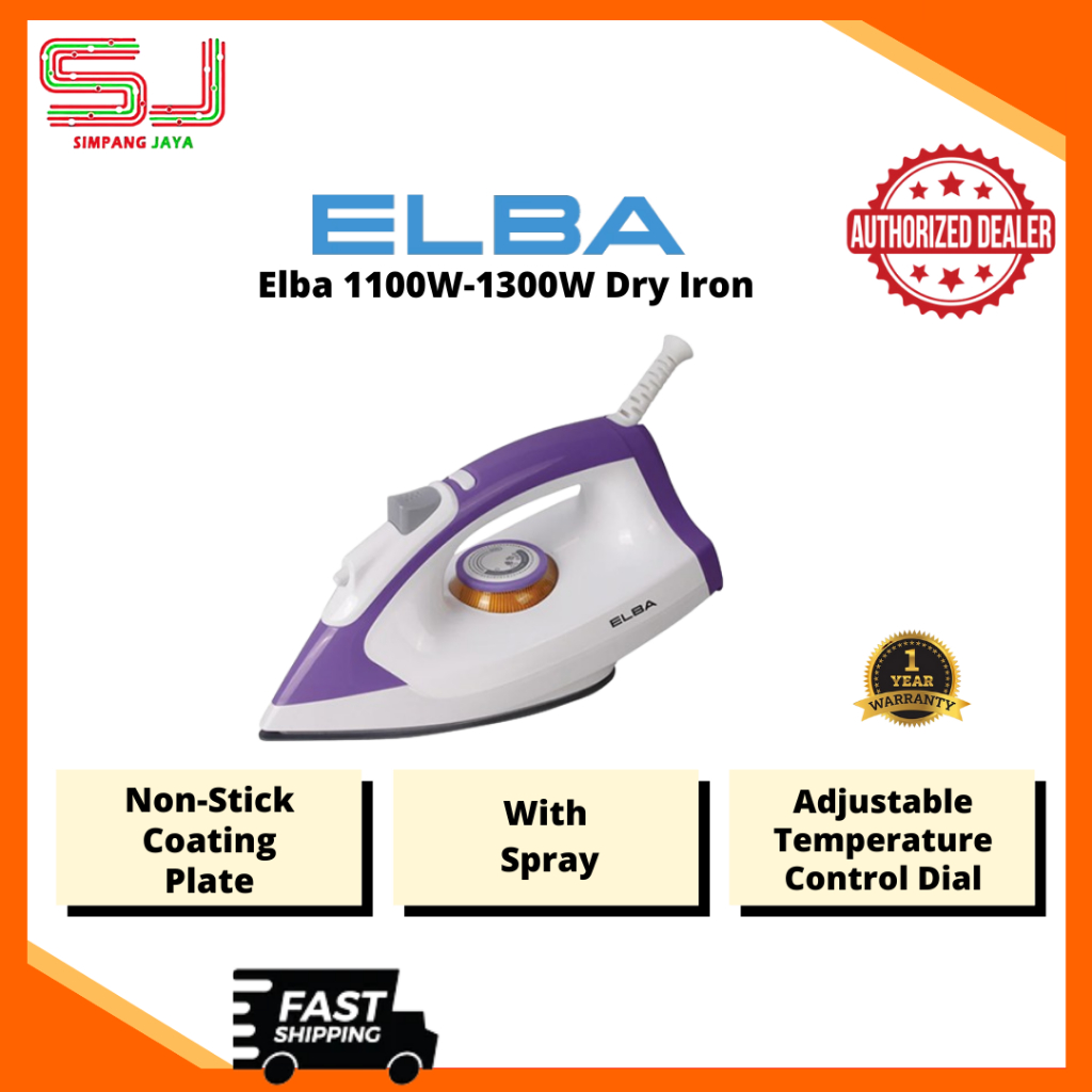 Elba Dry Iron | 1100W | Non Stick | Adjustable Temp Control Dial | With ...