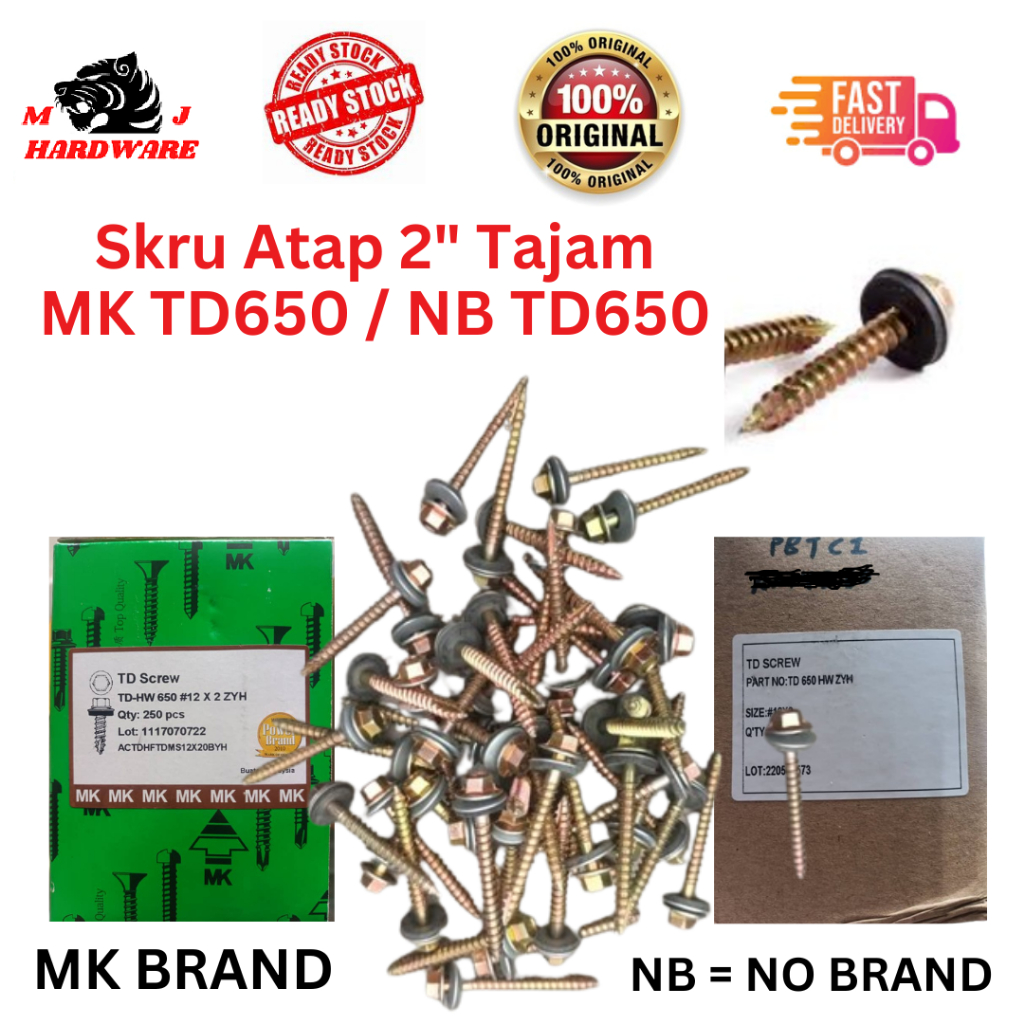 250pcs/BOX MK/NB Screw Atap Tajam TD-HW 650 #12 x 2" Hex Self Drilling ...