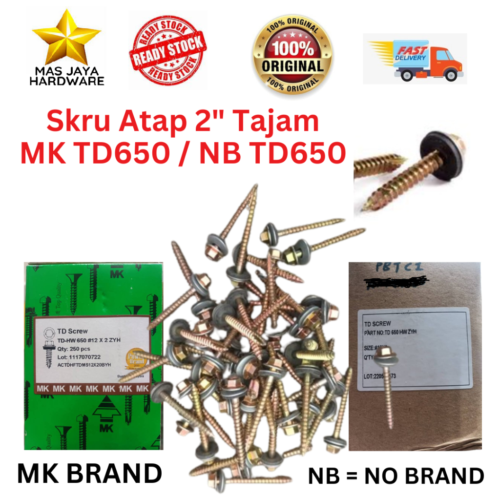 250pcs/BOX MK/NB Screw Atap Tajam TD-HW 650 #12 x 2" Hex Self Drilling Screw Awning Skru bumbung ...