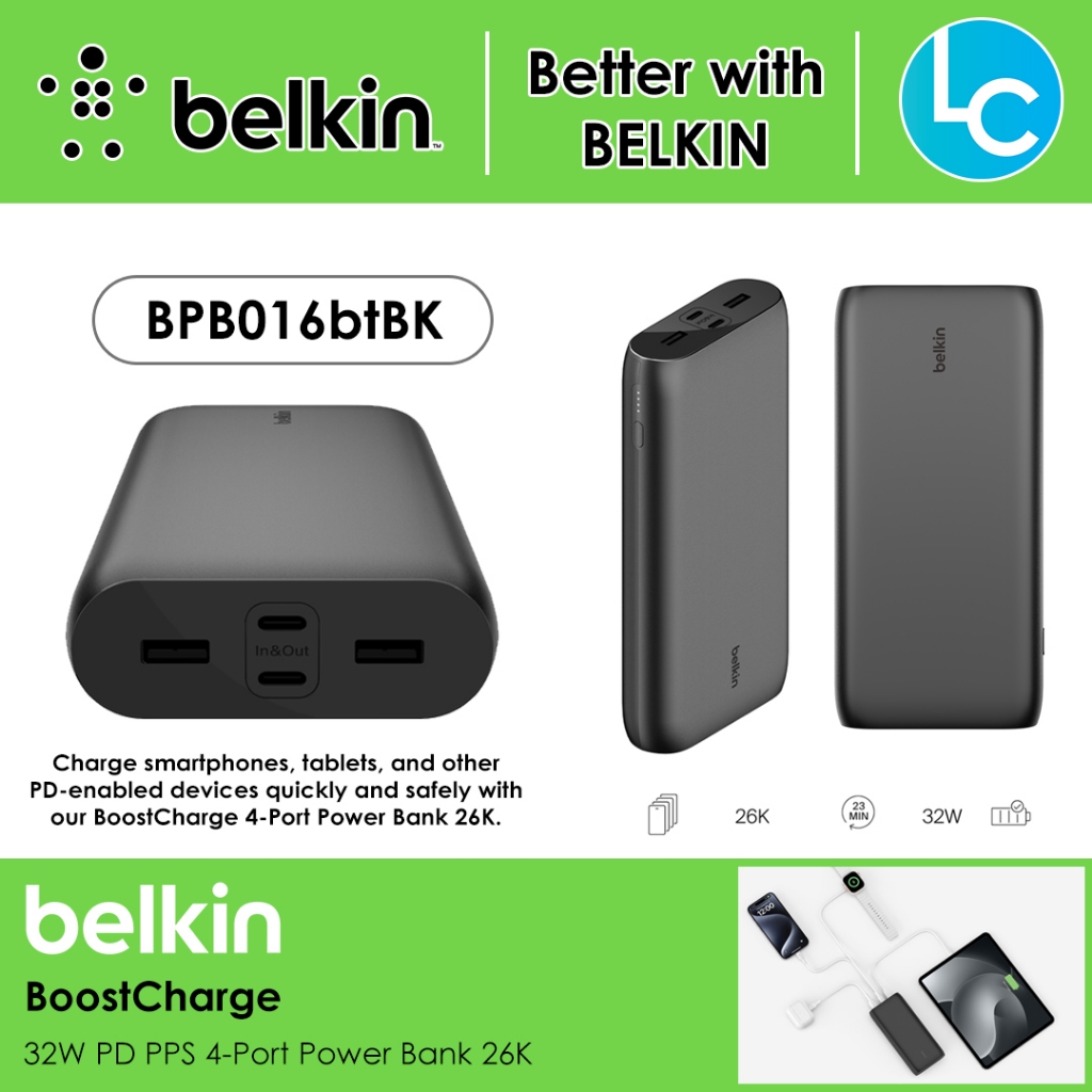 Belkin BPB016btBK 26000mAh BoostCharge Power Bank 4-Port 32W PD PPS ...