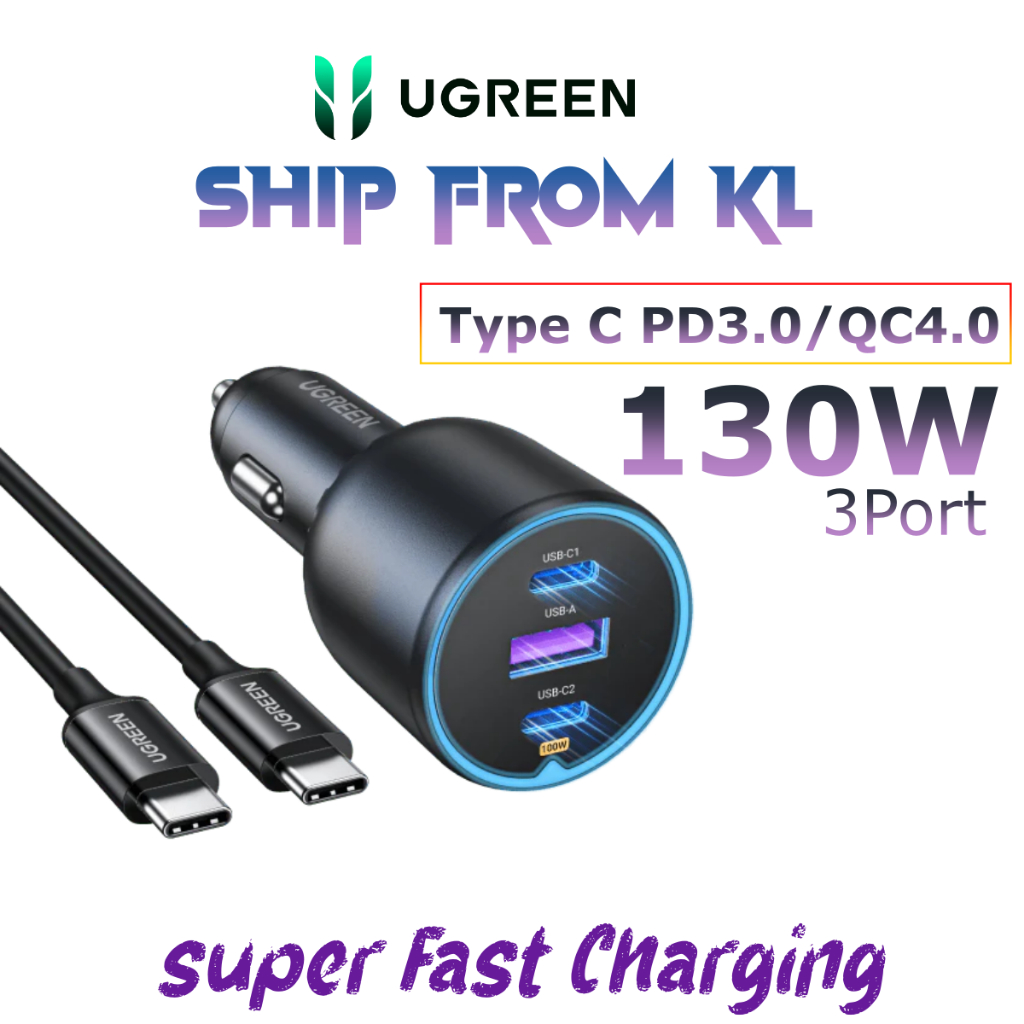 UGREEN 130W Car Charger Quick Charging PD3.0 Fast USB Type C Car Phone Charge | Shopee Malaysia
