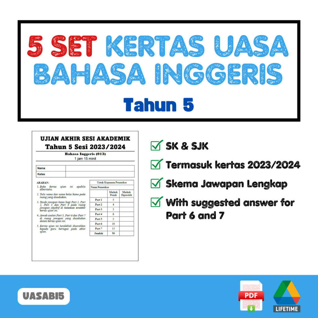 [PDF] UASA BI Tahun 5 SK/SJK 5 SET Kertas Bahasa Inggeris English Paper Primary 5 英文 5 年级 ...