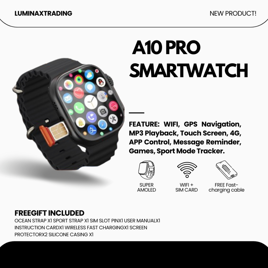 A10 Pro 5g data Smart Watch Simcard + Wifi + 180° Camera + Super Amoled ...