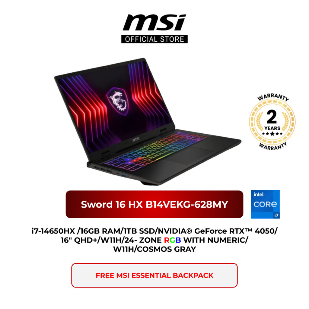 MSI Sword 16 HX B14VEKG-628MY i7-14650HX/8GB x2/1TB SSD/RTX 4050/16 ...