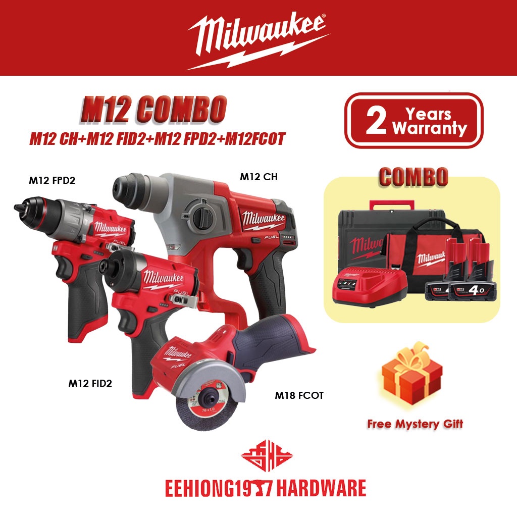 MILWAUKEE M12 Combo M12CH SDS-Plus Hammer M12FID2 Impact Driver M12FPD2 ...