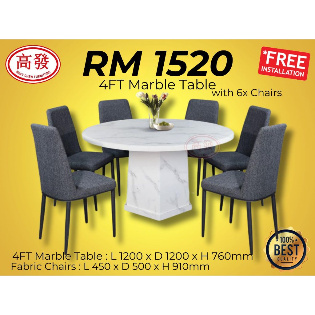 Marble Dining Set 4FT Round Marble Table + Farbic 6 Chiars Meja Makan ...