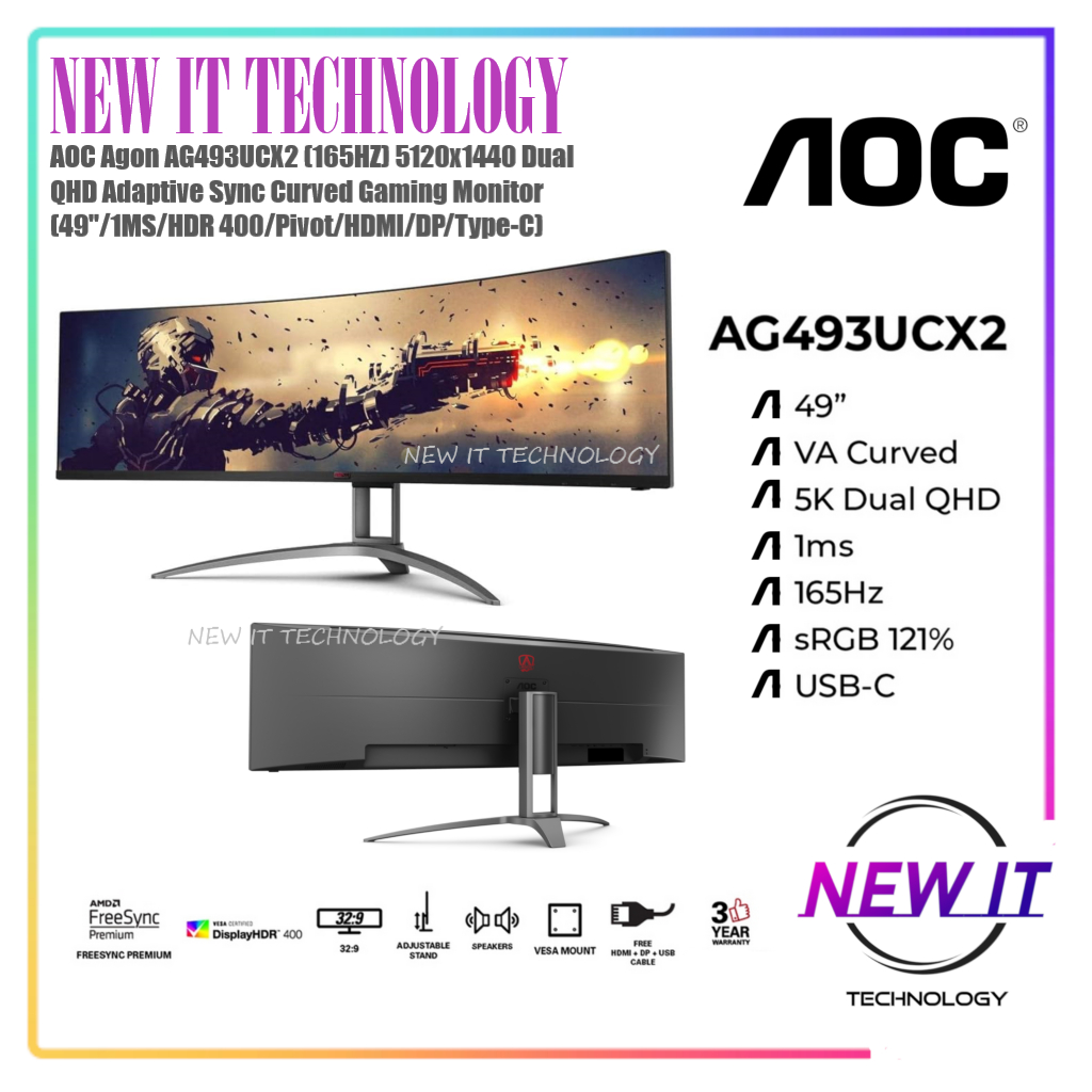 AOC Agon AG493UCX2 (165HZ) 5120x1440 Dual QHD Adaptive Sync Curved ...