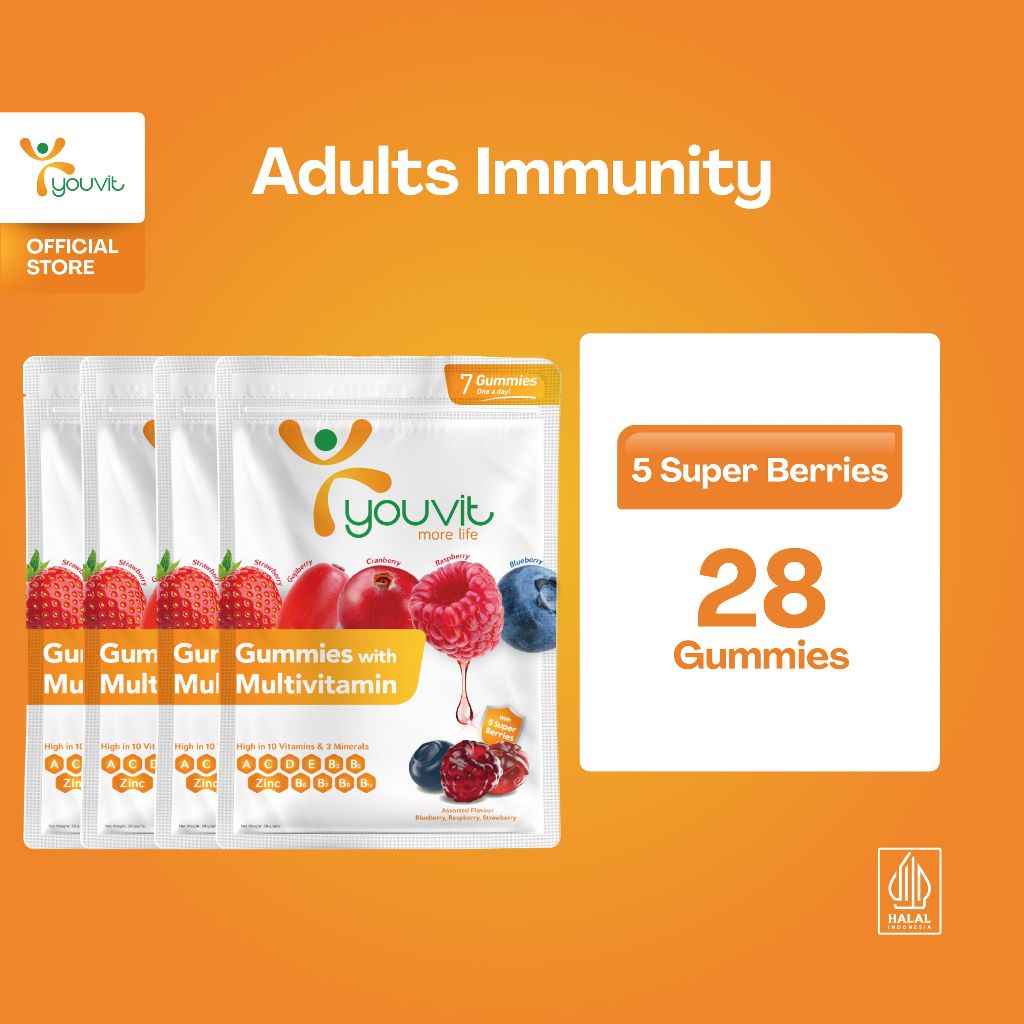 Youvit Adults Multivitamin Gummy 28 Days (28 Pcs) dengan Vitamin C ...