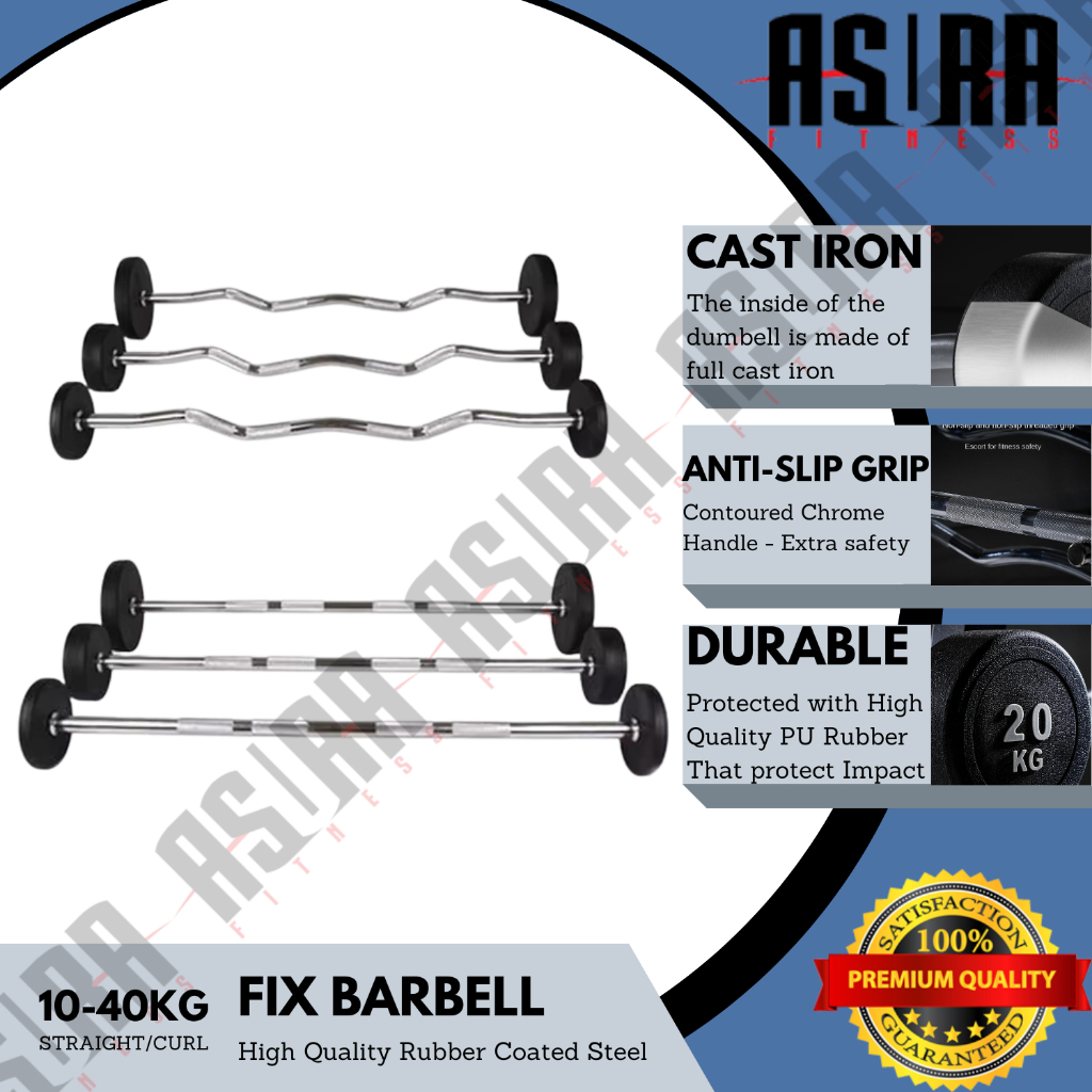 ASURA Fitness 10kg - 40kg Straight / Curl Fixed Barbell Weight Round ...