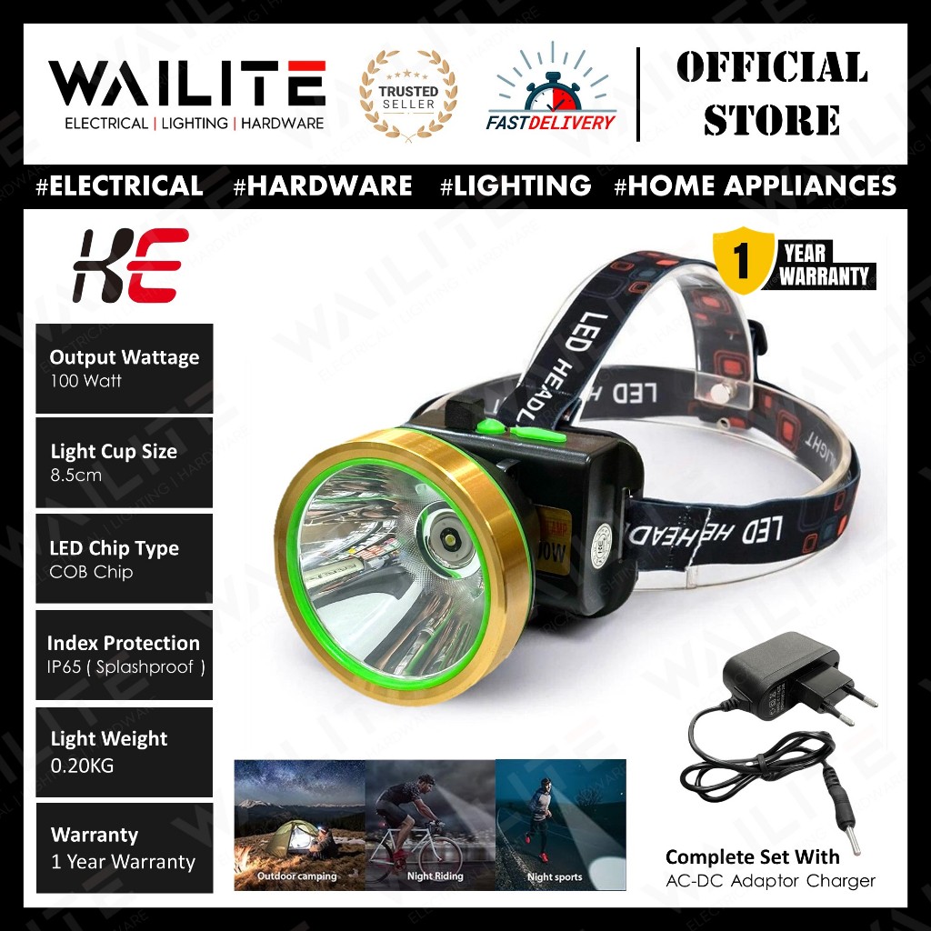 [ 𝐇𝐄𝐀𝐕𝐘-𝐃𝐔𝐓𝐘 ] KE-100W LED HEAD LAMP ( DAYLIGHT ) / LAMPU KEPALA ...