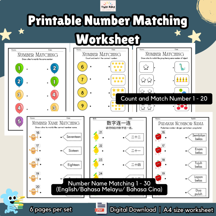W008 PDF Printable Number Matching Activities Worksheet for ...