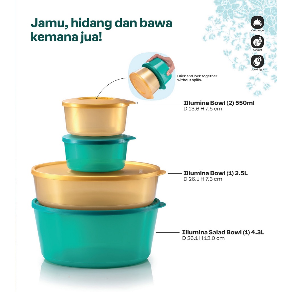 Tupperware Illumina Bowl (550ml / 2.5L) / Illumina Salad Bowl (4.3L) / Allegra 4 Peas Tray (2pcs ...