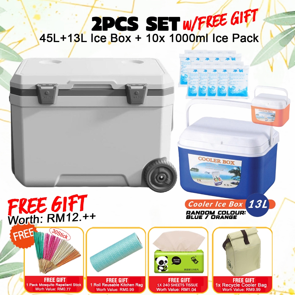 45L Cooler Box with Wheel Roller Portable Outdoor Food Storage Camping ...