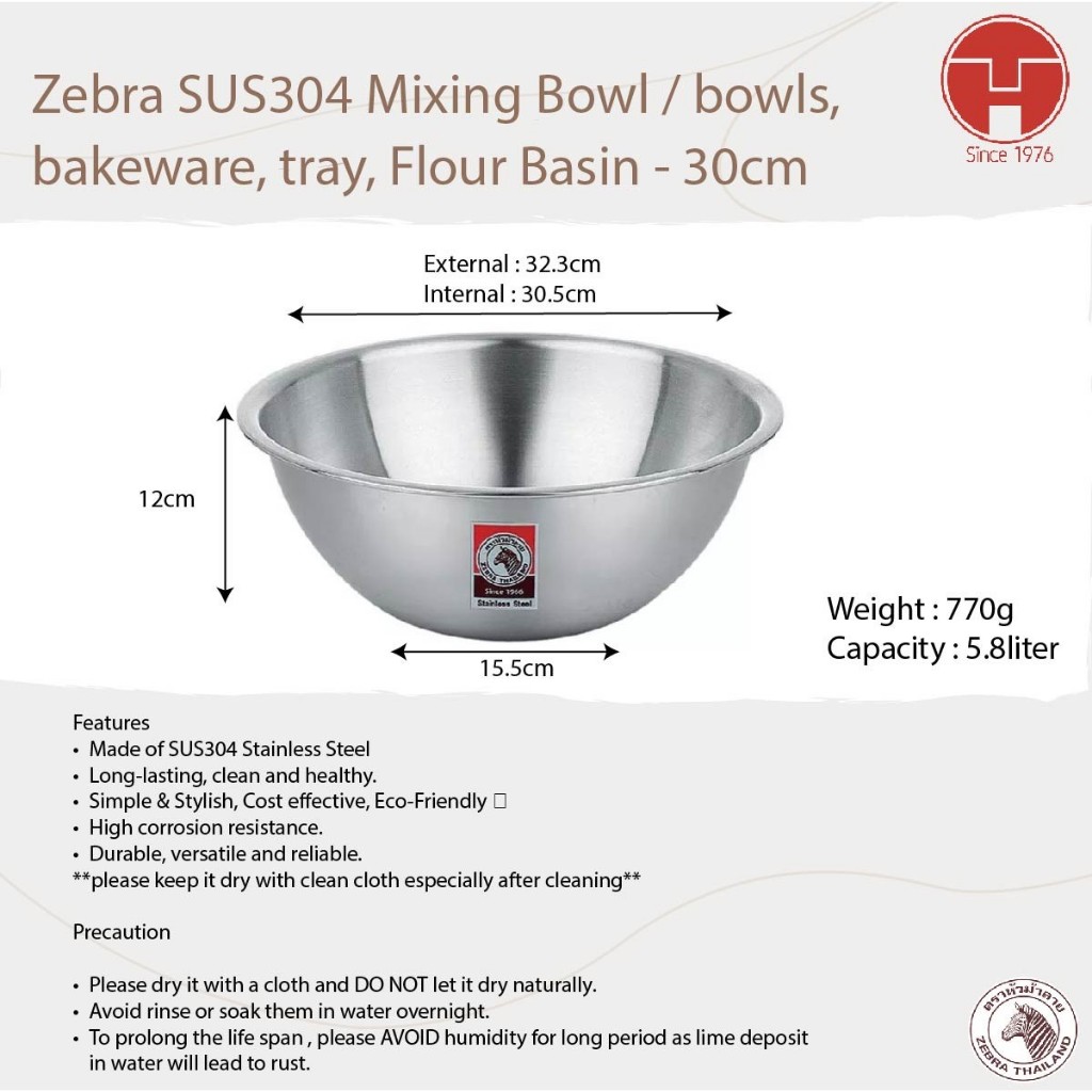 [TeoHin] Zebra SUS304 Mixing Bowl (27cm, 30cm, 33cm, 36cm), bowls ...